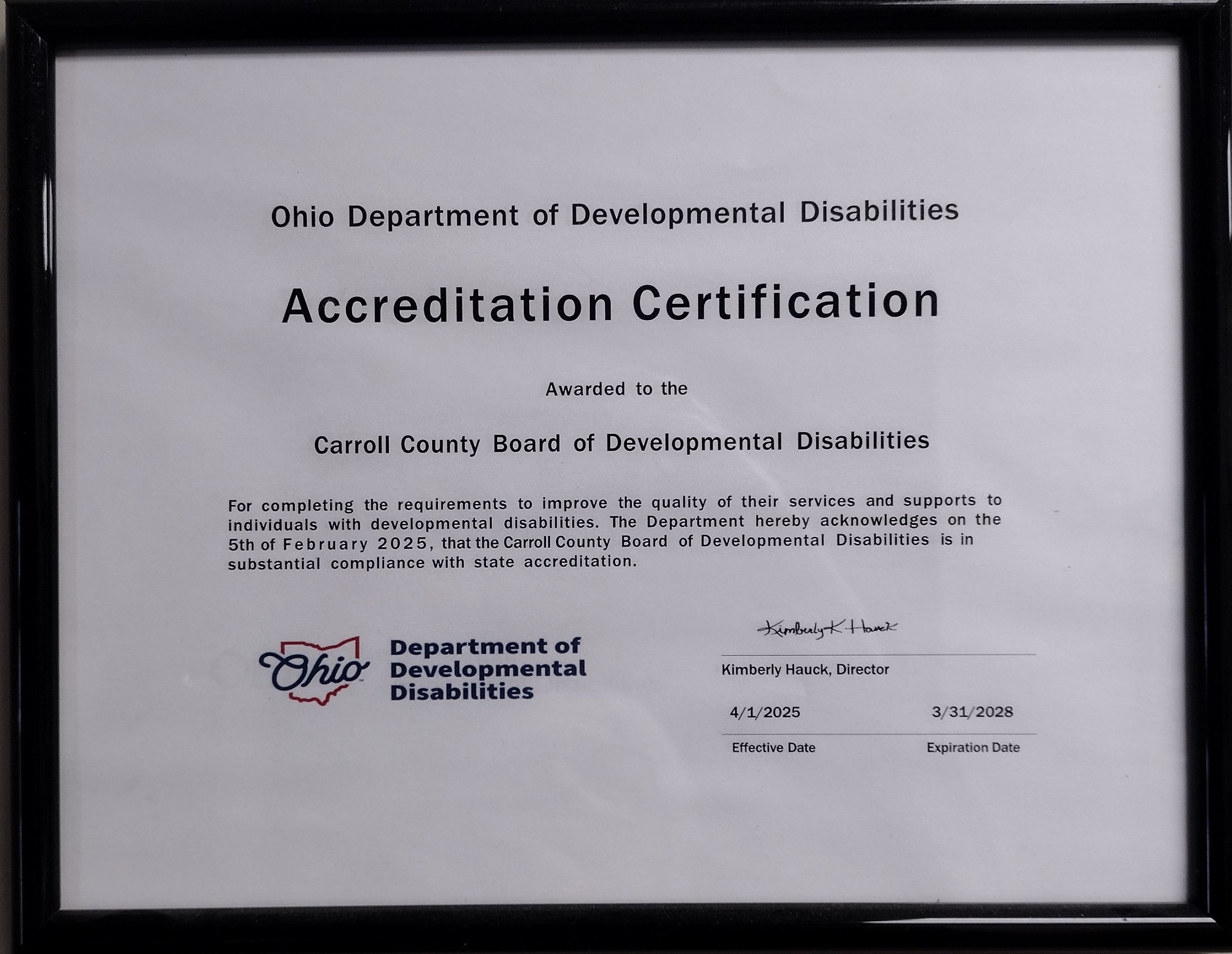 CCBDD 3-Year Accreditation Certification from DODD